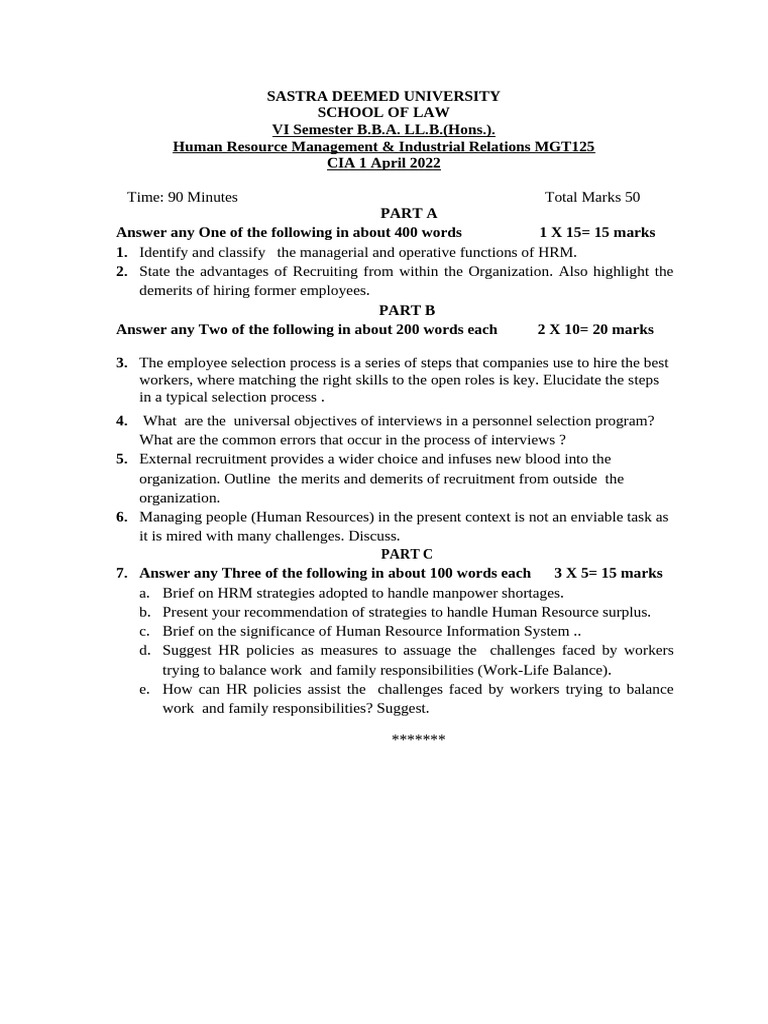 HR Management Exam Questions and Topics | PDF