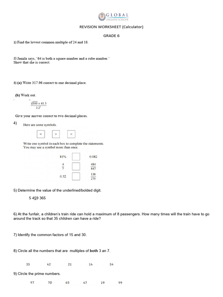 Grade 6 Revision Worksheet Calculator | PDF