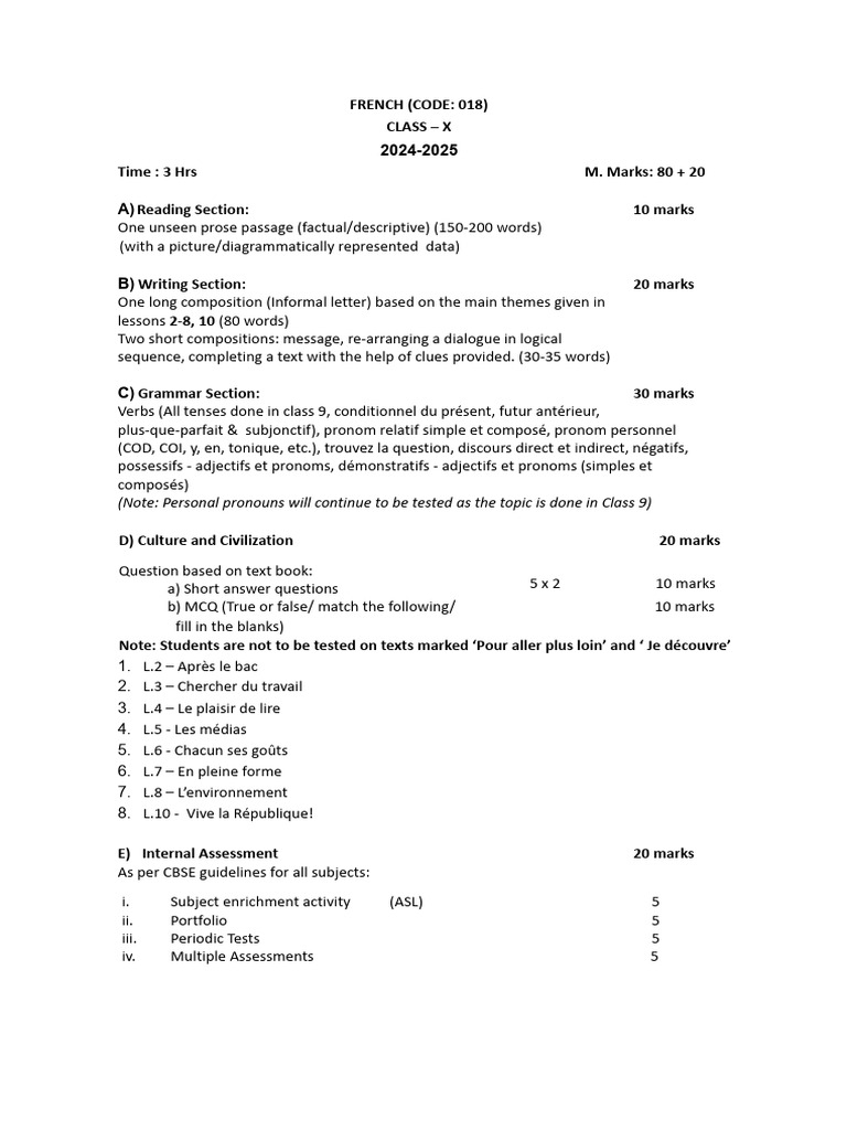 CBSE Class 10 French Syllabus 2024-25 | PDF | Languages | Foreign ...