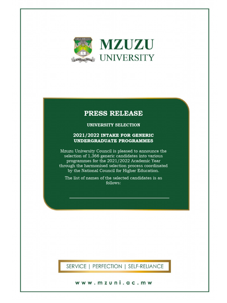 MZUNI 2021 - 22 Admission of Generic Candidates 01.07.22 | PDF