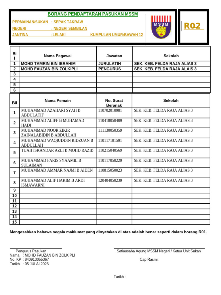 Borang Pendaftaran R02 Latest | PDF