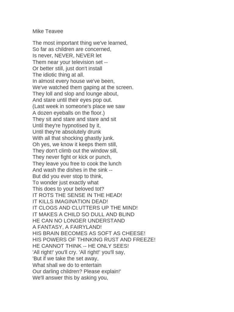 Mike Teavee: A Poem Against TV | PDF