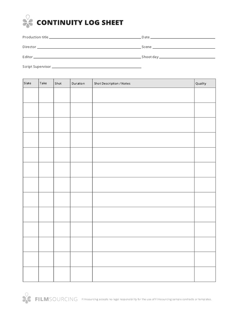 Filmsourcing Continuity Log Sheet | PDF