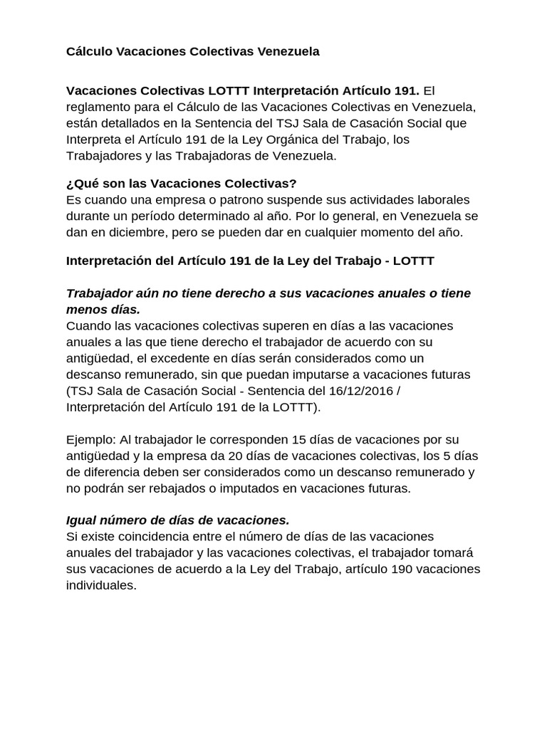 Cálculo Vacaciones Colectivas Venezuela | PDF | Salario | Economias