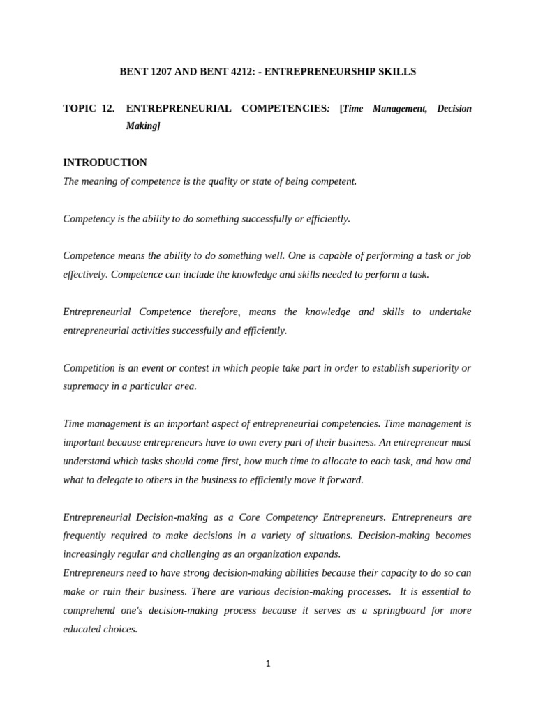 TOPIC 12. ENTREPRENEURIAL COMPETENCIES (Time Management, Decision ...