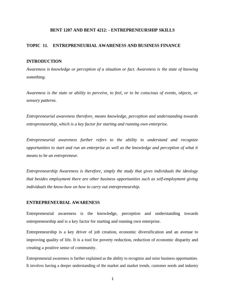 Topic 11. Entrepreneurial Awareness and Business Finance | PDF ...