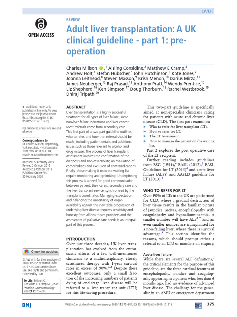 Adult liver transplantation UK clinical guideline - part 1 pre ...