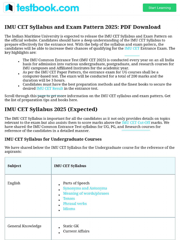 IMU CET Syllabus and Exam Pattern 2025 - PDF Download | PDF