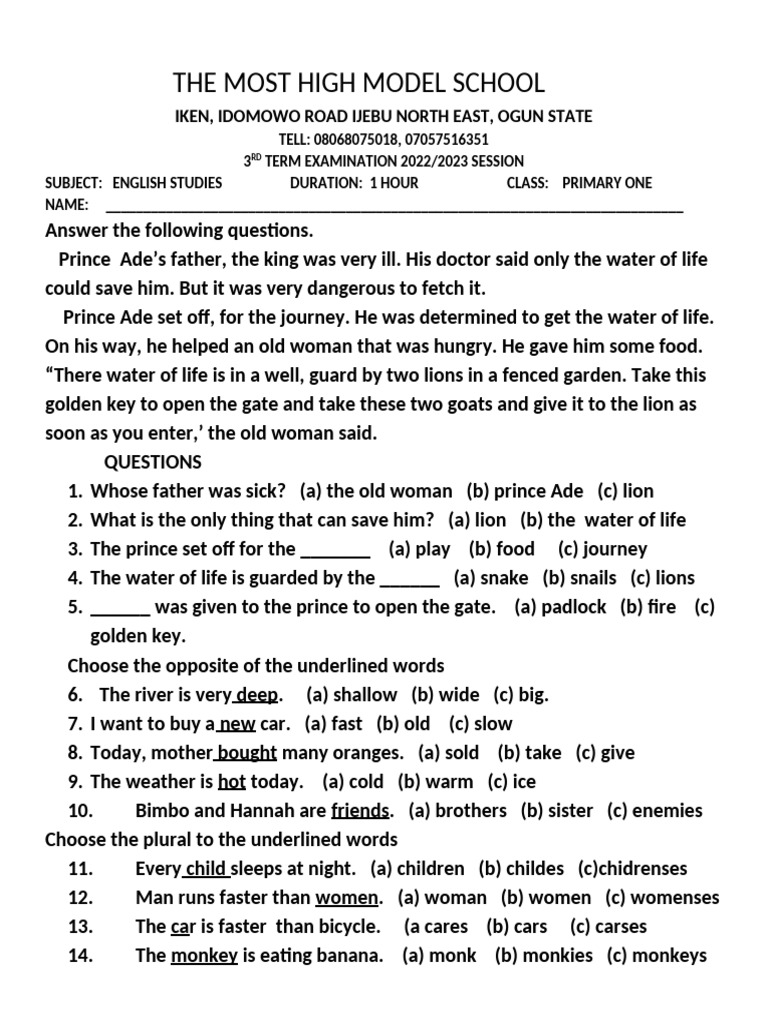 Primary One Examination Questions | PDF | Oceans | Water