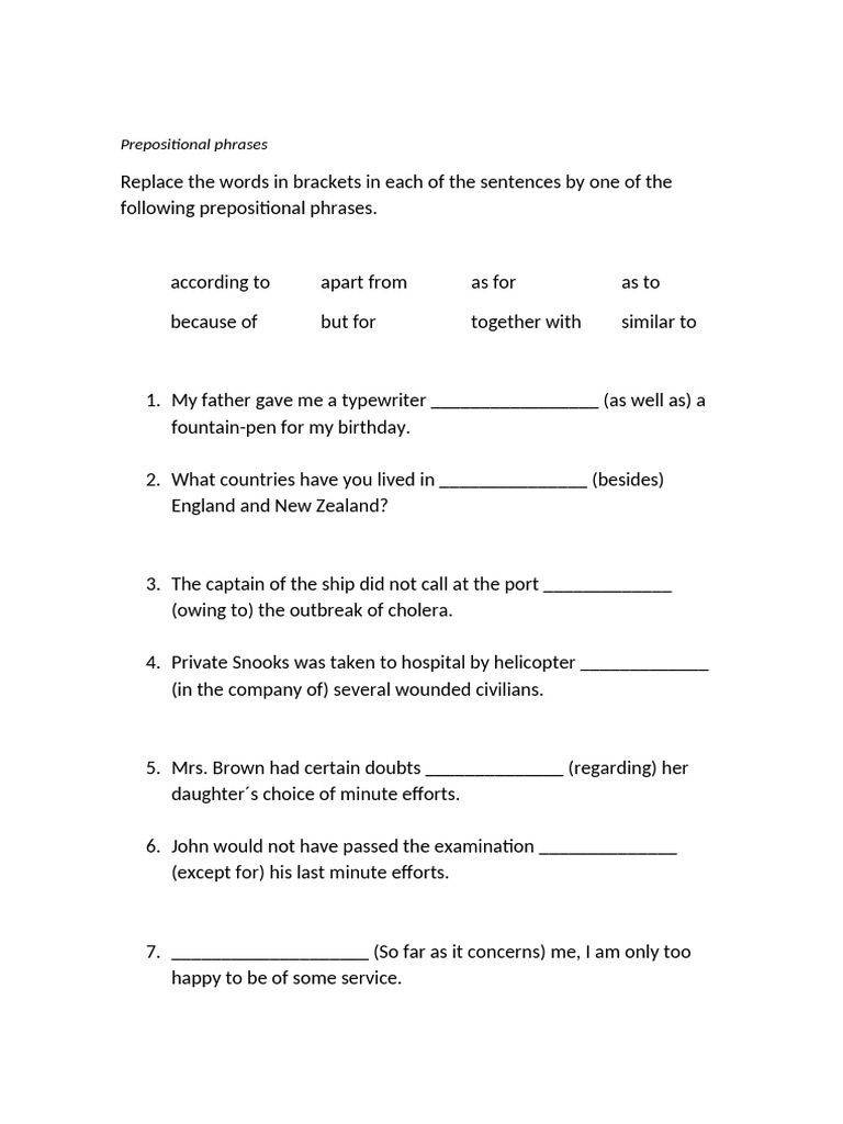 Prepositional Phrases Exercise Guide | PDF