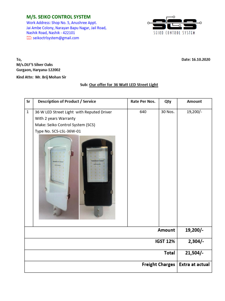 307-Quotation for 36Watt LED Street Light (DLF'S Silver Oaks ) | PDF