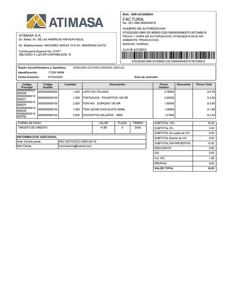 Atimasa Factura 201 060 000048375 | PDF | Pagos | Servicios (economía)