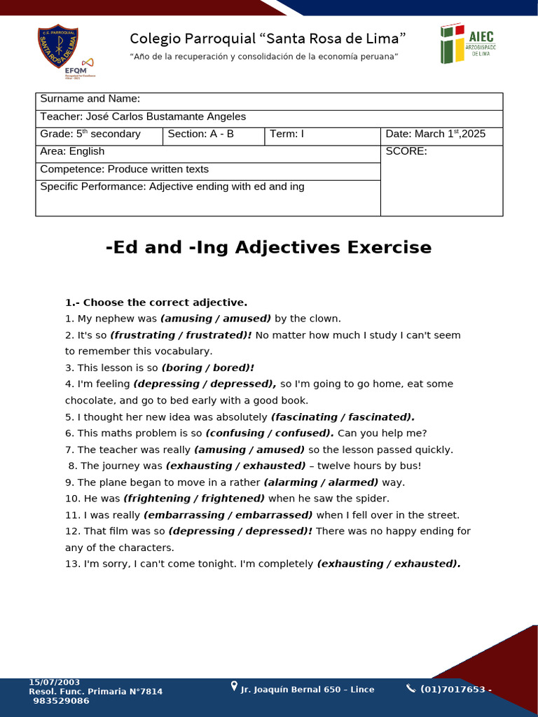 Ed and Ing Adjectives Exercise Guide | PDF