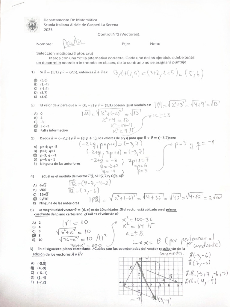 Pauta Control N°2 Vectores | PDF