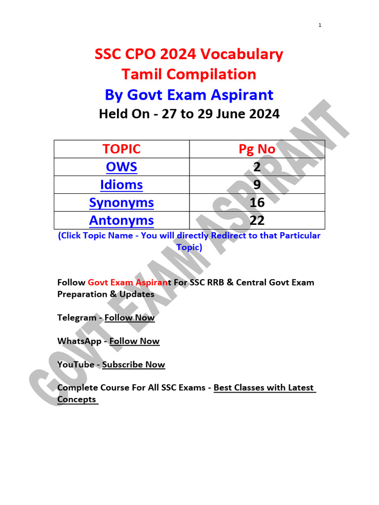 SSC CPO 2024 Vocabulary Tamil Compilation: by Govt Exam Aspirant | PDF