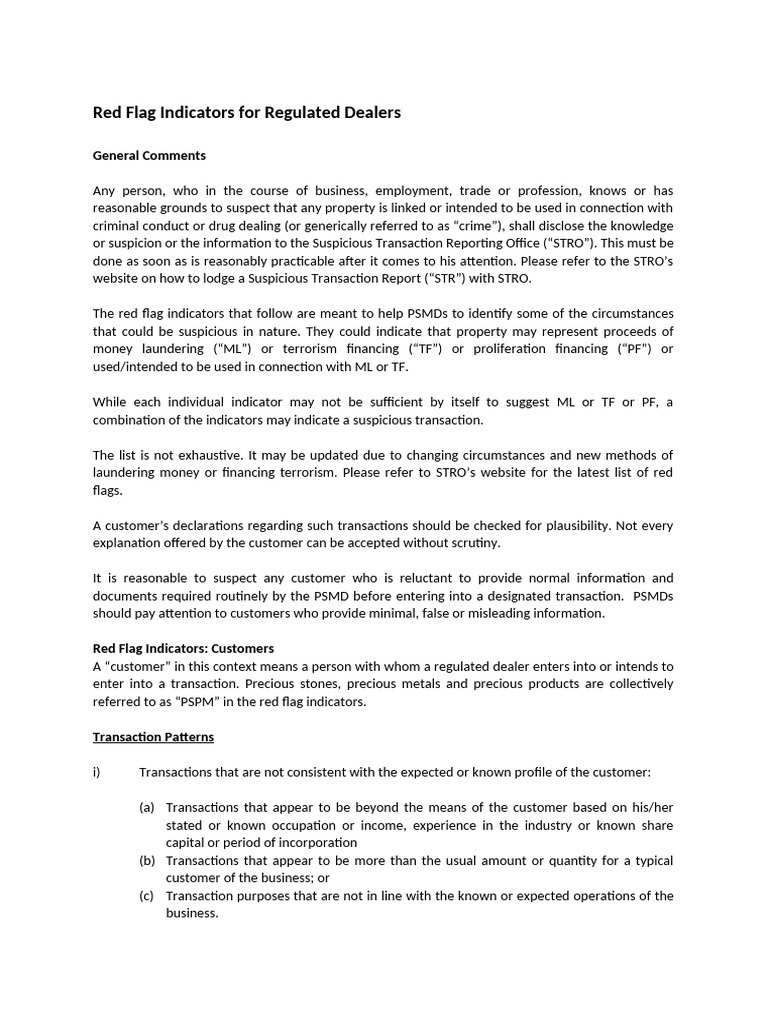 Red Flags for Regulated Dealers' Transactions | PDF | Payments | Cash