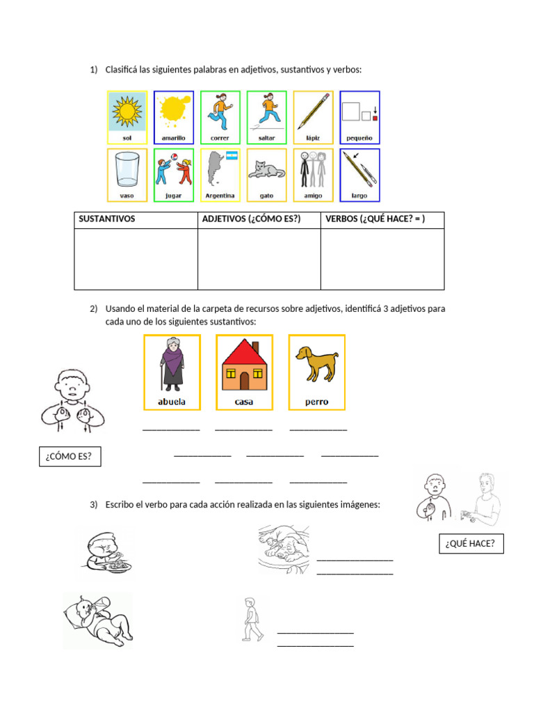 Actividad Sustantivos Adjetivos Verbos | PDF