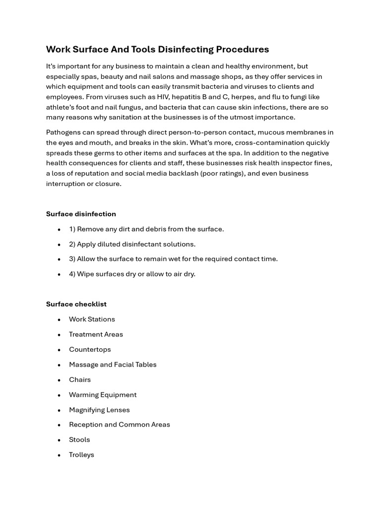 Work Surface and Tools Disinfecting Procedures | PDF | Disinfectant ...