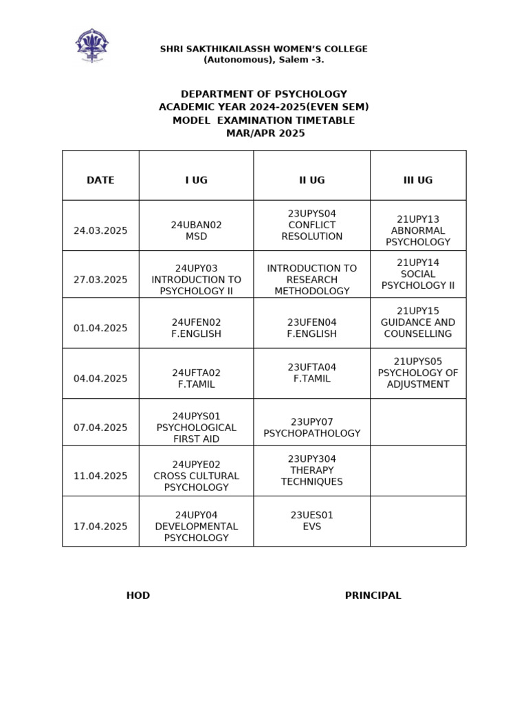 Psychology Model Exam Time Table | PDF