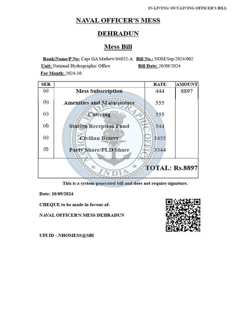 Naval Mess Bill2 | PDF