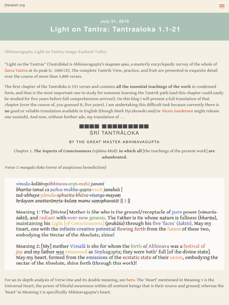 Tantraloka Chap1 Best Translation Christopher Wallis Hareesh Abhinavagupta | PDF | Nondualism ...