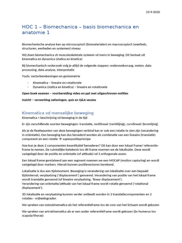 HOC 1 -– Biomechanica – basis biomechanica en anatomie 1 | PDF