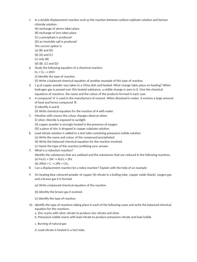 Chemical Reactions Worksheet Answers | PDF | Chemical Reactions | Redox