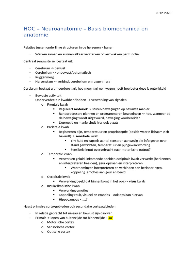 HOC - Neuroanatomie - Basis Biomechanica en Anatomie | PDF