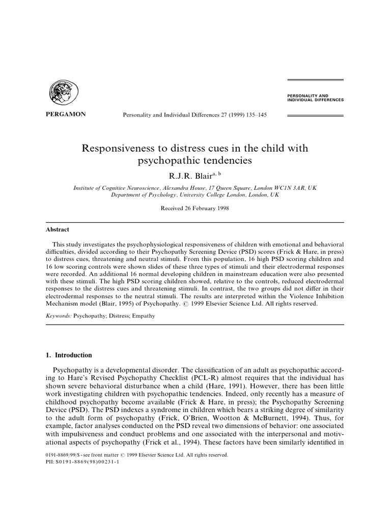 Psychopathy in Children: Distress Cue Response | PDF | Psychopathy ...