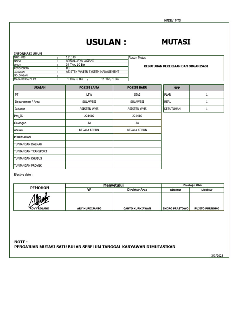 Form Usulan Mutasi Aprial | PDF