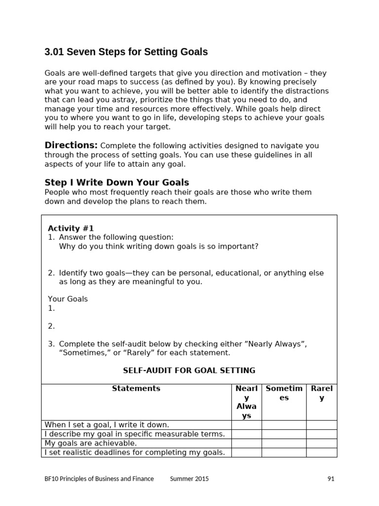 3.01 Seven Steps For Setting Goals | PDF | Goal | Motivational
