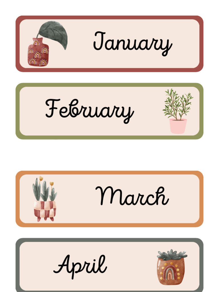 Colorful Botanical Boho Months of The Year Flashcards | PDF