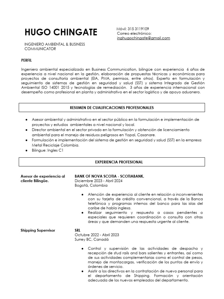 CV Hugo Chingate B | PDF | Colombia | Residuos