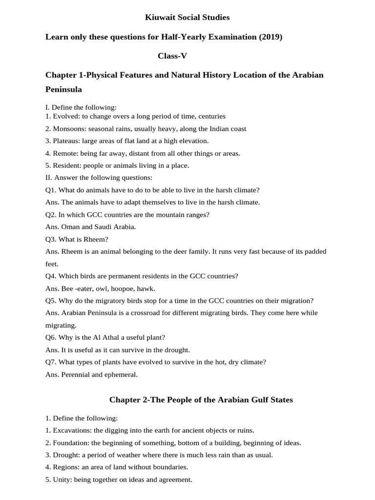 KSS- Class-V IMPORTANT QUESTIONS (1) (1) | PDF | Arabian Peninsula ...