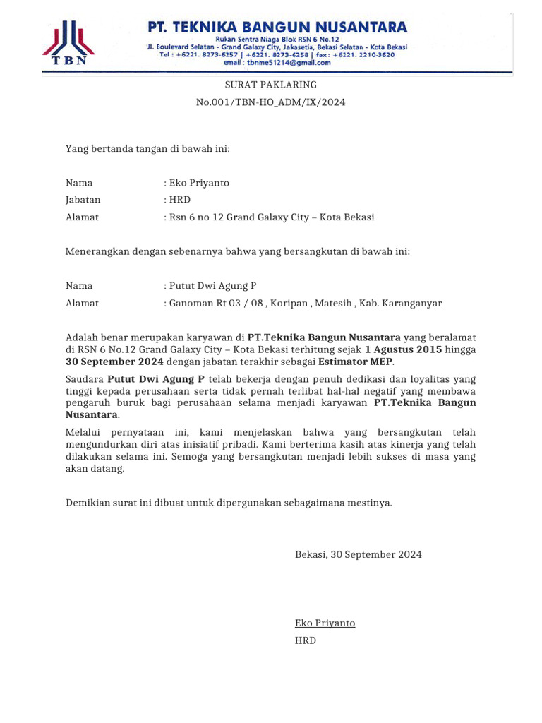 Contoh-Surat-Paklaring | PDF