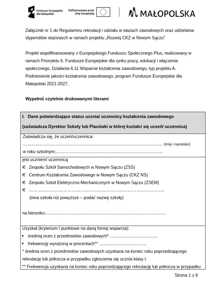 Zalacznik NR 1 Formularz Rekrutacyjny Uczen Papierowy Staz | PDF