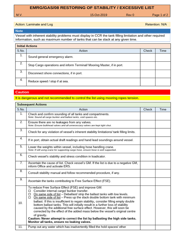 EMRG-GAS-08 Restoring of Stability or Excessive List | PDF