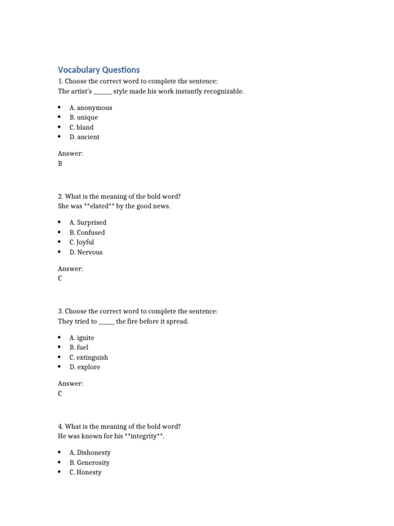 Vocabulary Questions Progress | PDF