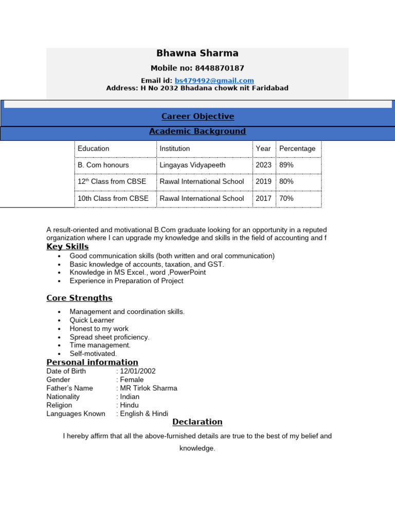 B Com Fresher Resume Format | PDF