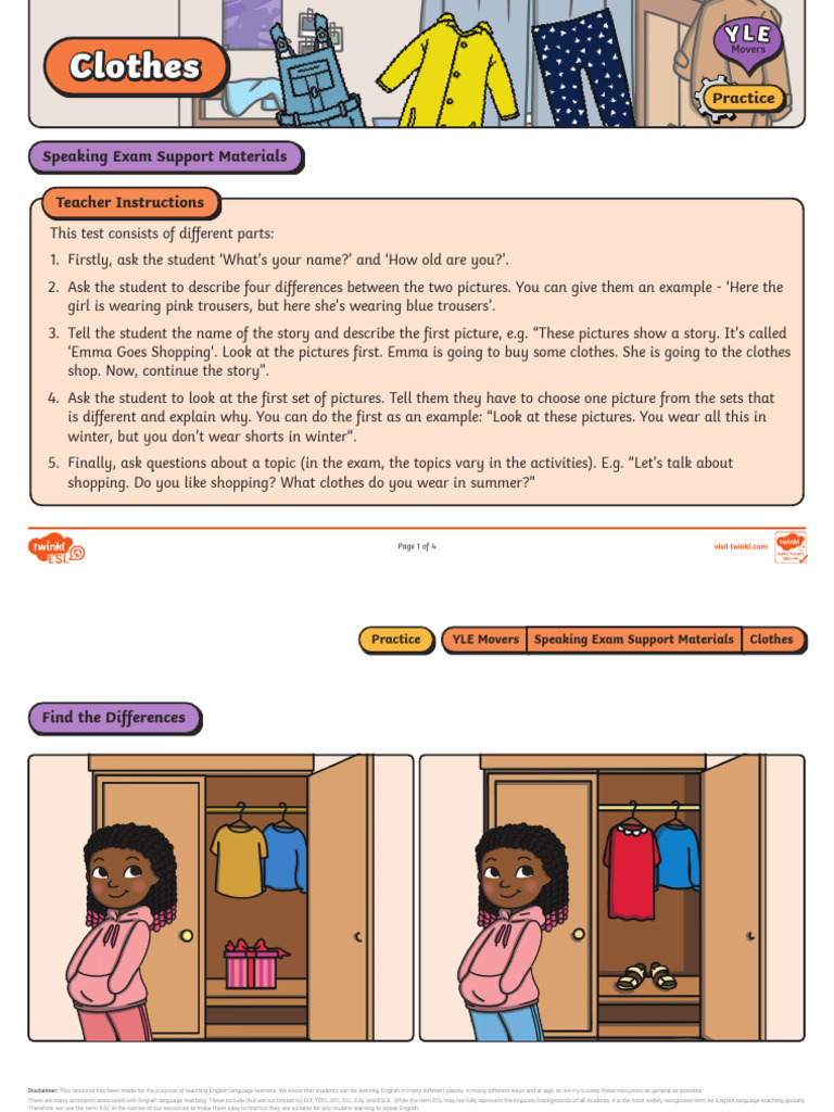 T 1716809473 Esl Yle Movers Speaking Exam Material Clothes Kids A1 Ver ...