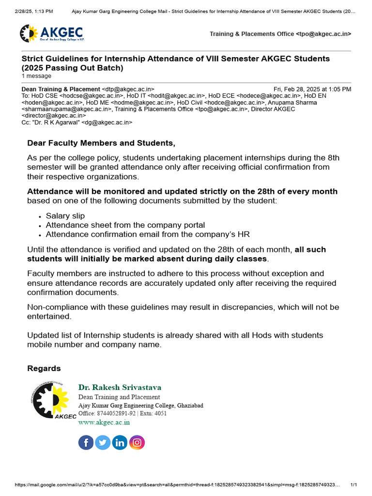 Strict Guidelines For Internship Attendance of VIII Semester AKGEC ...