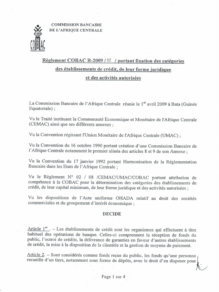 Règlement COBAC Catégorie Ets Credit | PDF