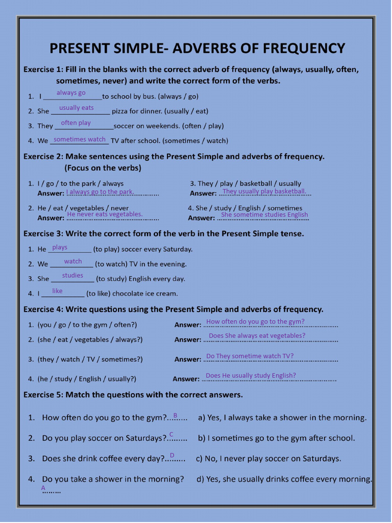 Homework - Present Simple Adverbs of Frequency - Yesenia Pichihua | PDF