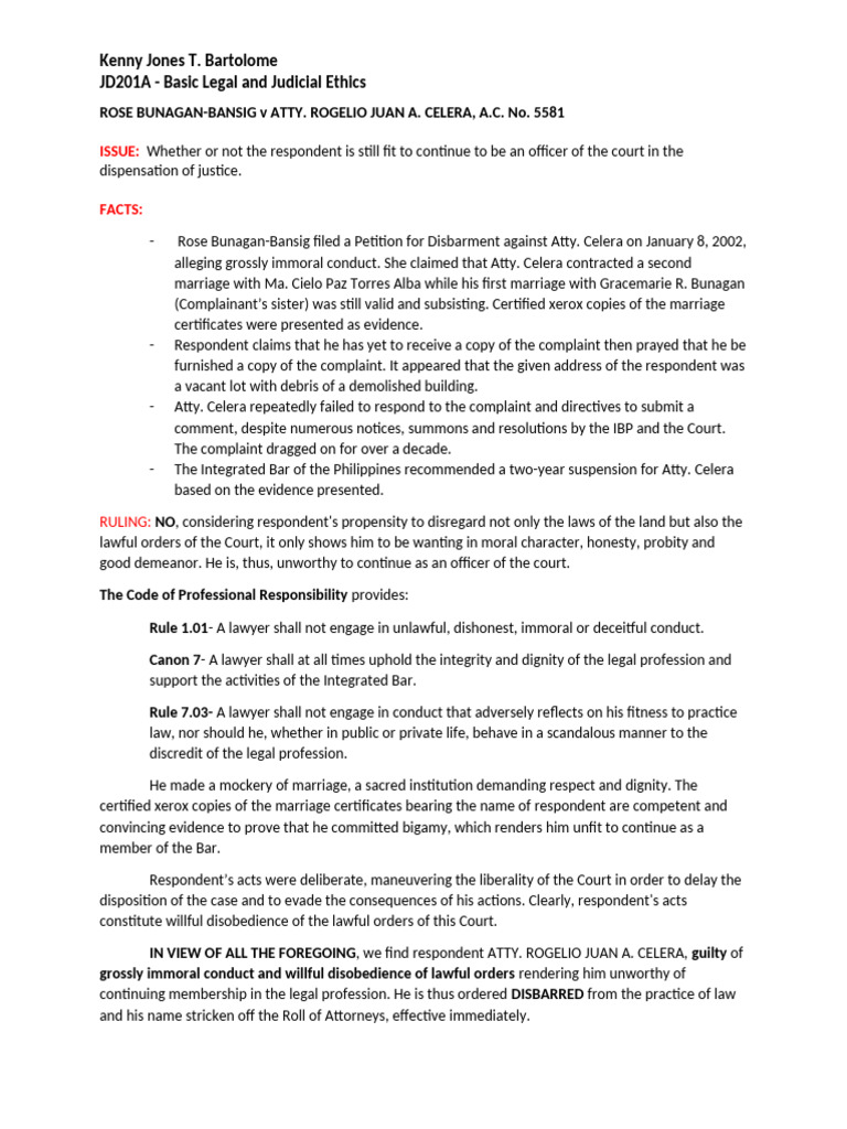 Rose Bunagan-Bansig V Atty. Rogelio Juan A. Celera, A.C. No. 5581 | PDF ...