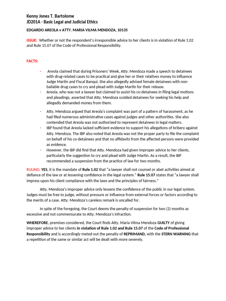 Edgardo Areola V Atty. Maria Vilma Mendoza, 10135 | PDF | Public Law | Justice