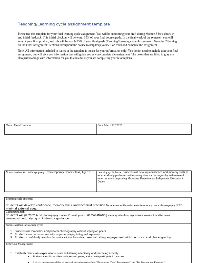 Teaching Cycle Assignment Template | PDF | Learning | Memory