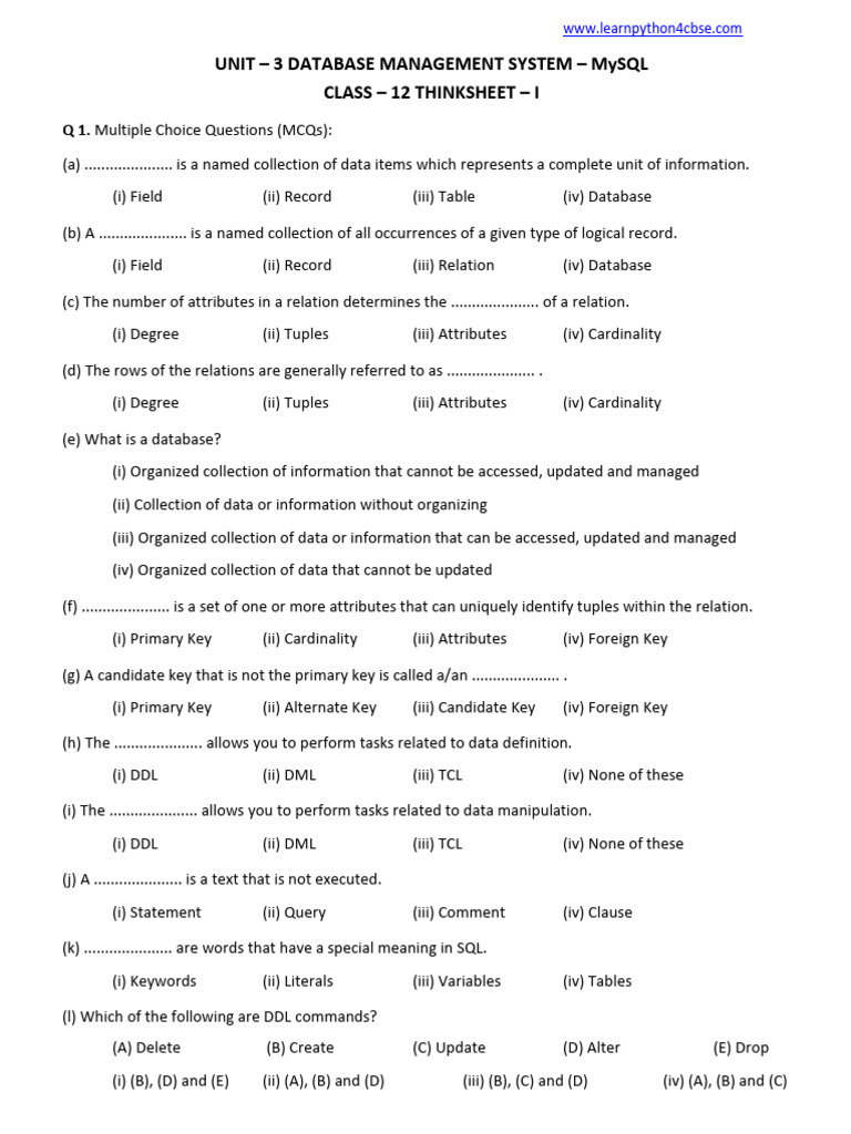 Thinksheet - Class 12 Database Management Sysytem 2025 | PDF | Relational Model | Databases