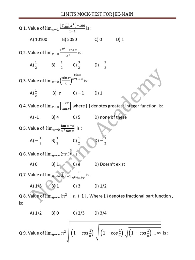 JEE-Main Limits Mock Test | PDF | Mathematics | Arithmetic