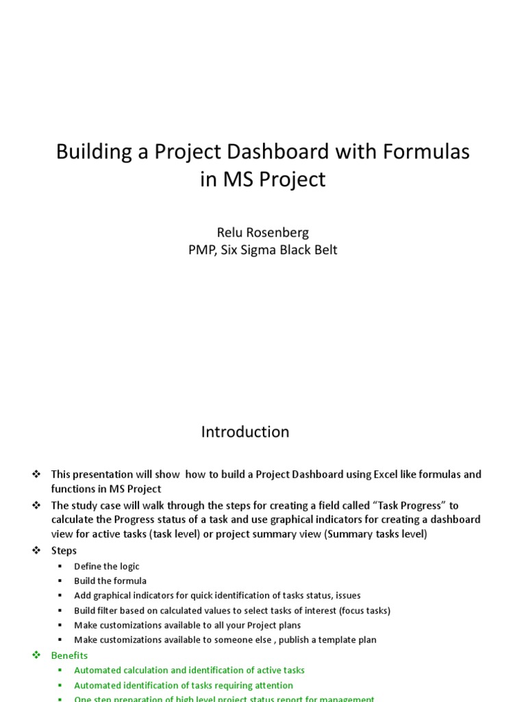Project Dashboard with MS Project Formulas | PDF | Computing | Software