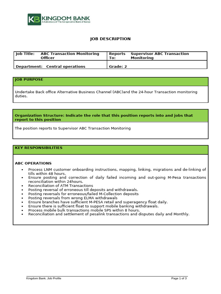 ABC Transaction Monitoring Officer Role | PDF | Banks | Automated ...